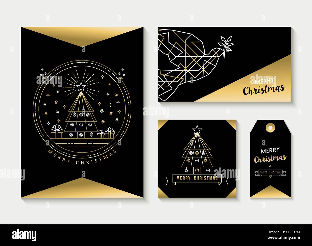 Set of merry christmas happy new year gold xmas layout designs with ...