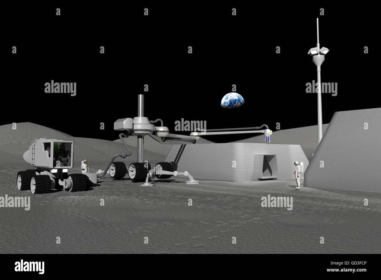Astronauts useing a 3D printer to build habitats on the moon Stock ...