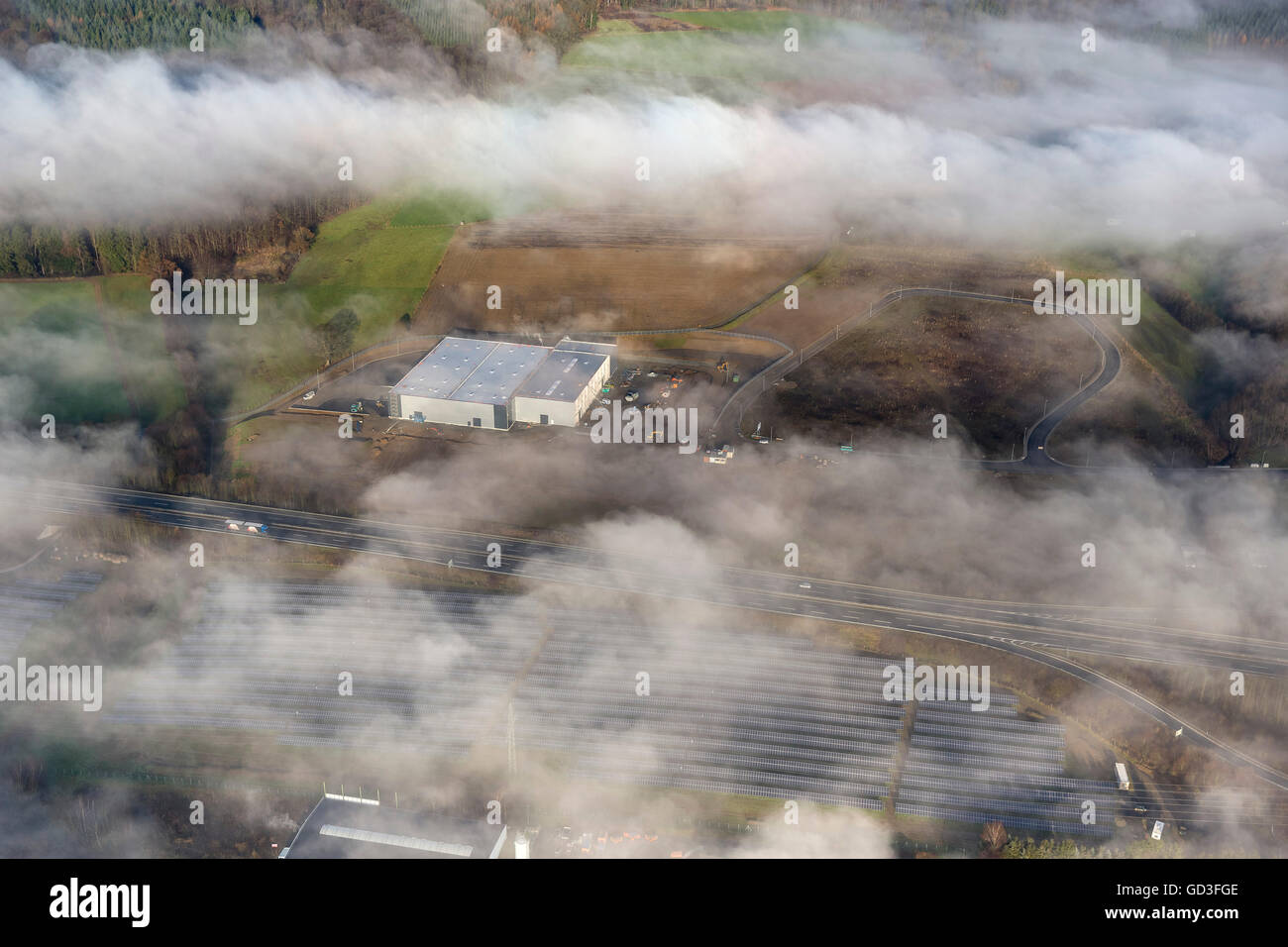 Aerial view, new industrial park Enste with autumn mist, Meschede ...
