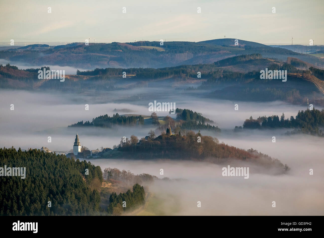 Aerial view, Eversberg, oldest half-timbered village in the Sauerland ...