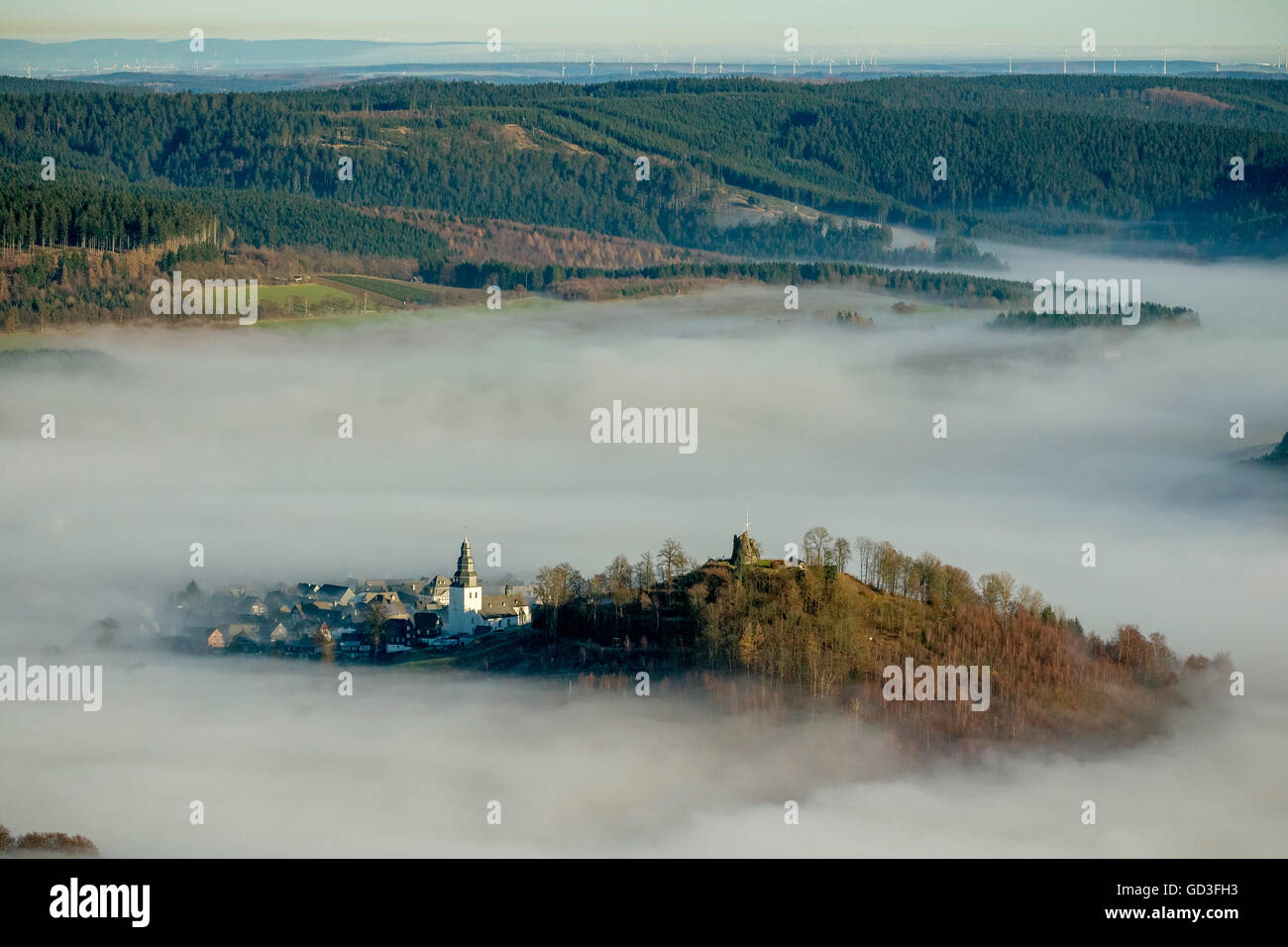 Aerial view, Eversberg, oldest half-timbered village in the Sauerland ...