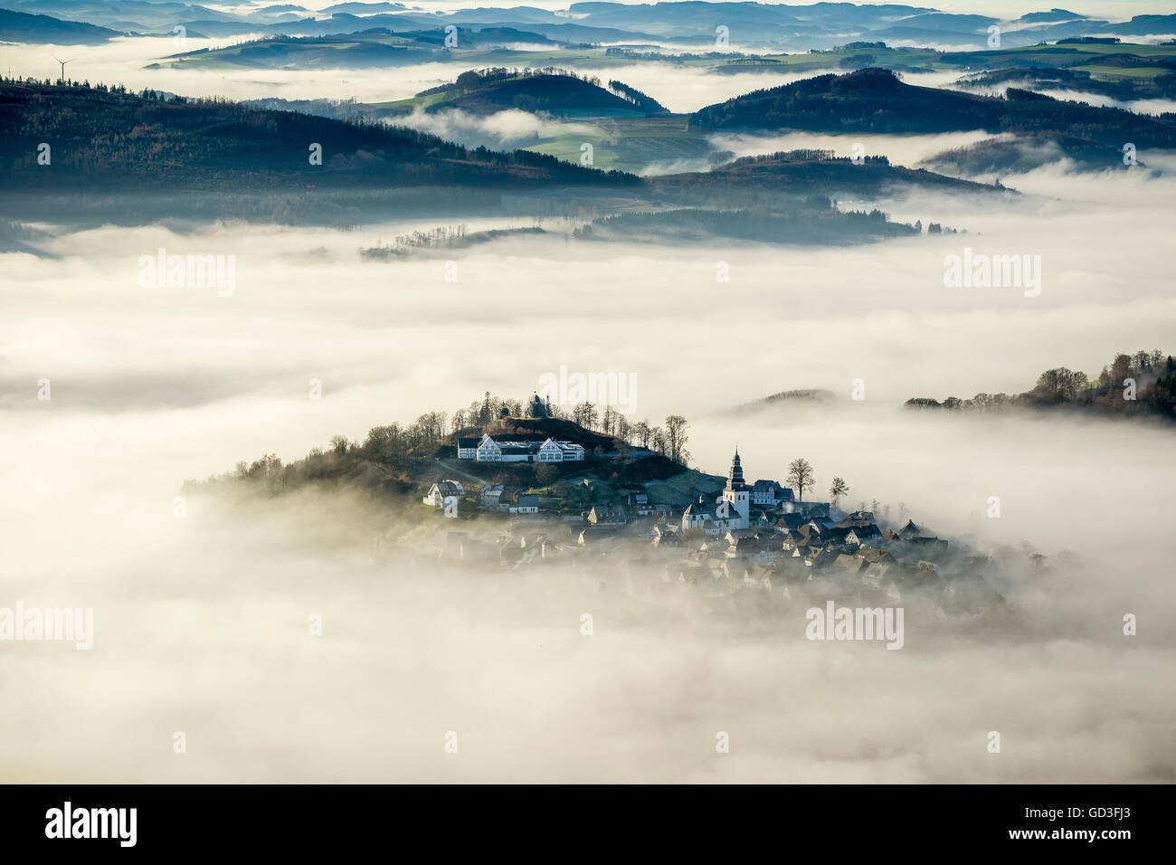 Aerial view, Eversberg, oldest half-timbered village in the Sauerland ...