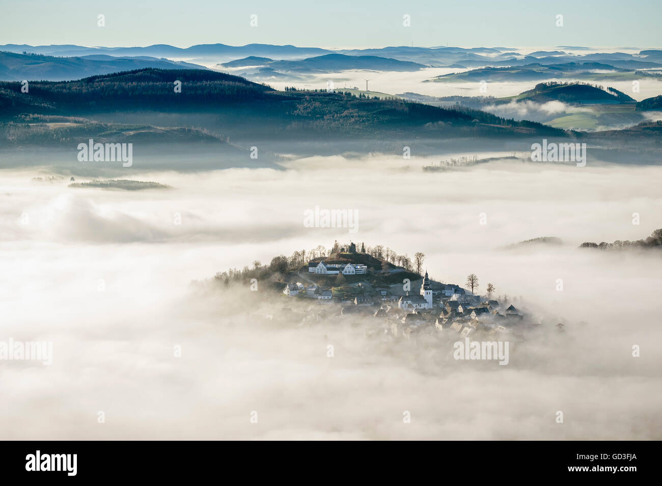 Aerial view, Eversberg, oldest half-timbered village in the Sauerland ...