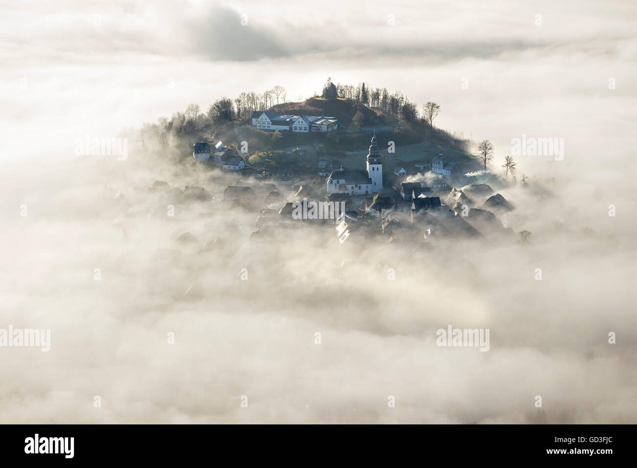 Aerial view, Eversberg, oldest half-timbered village in the Sauerland ...