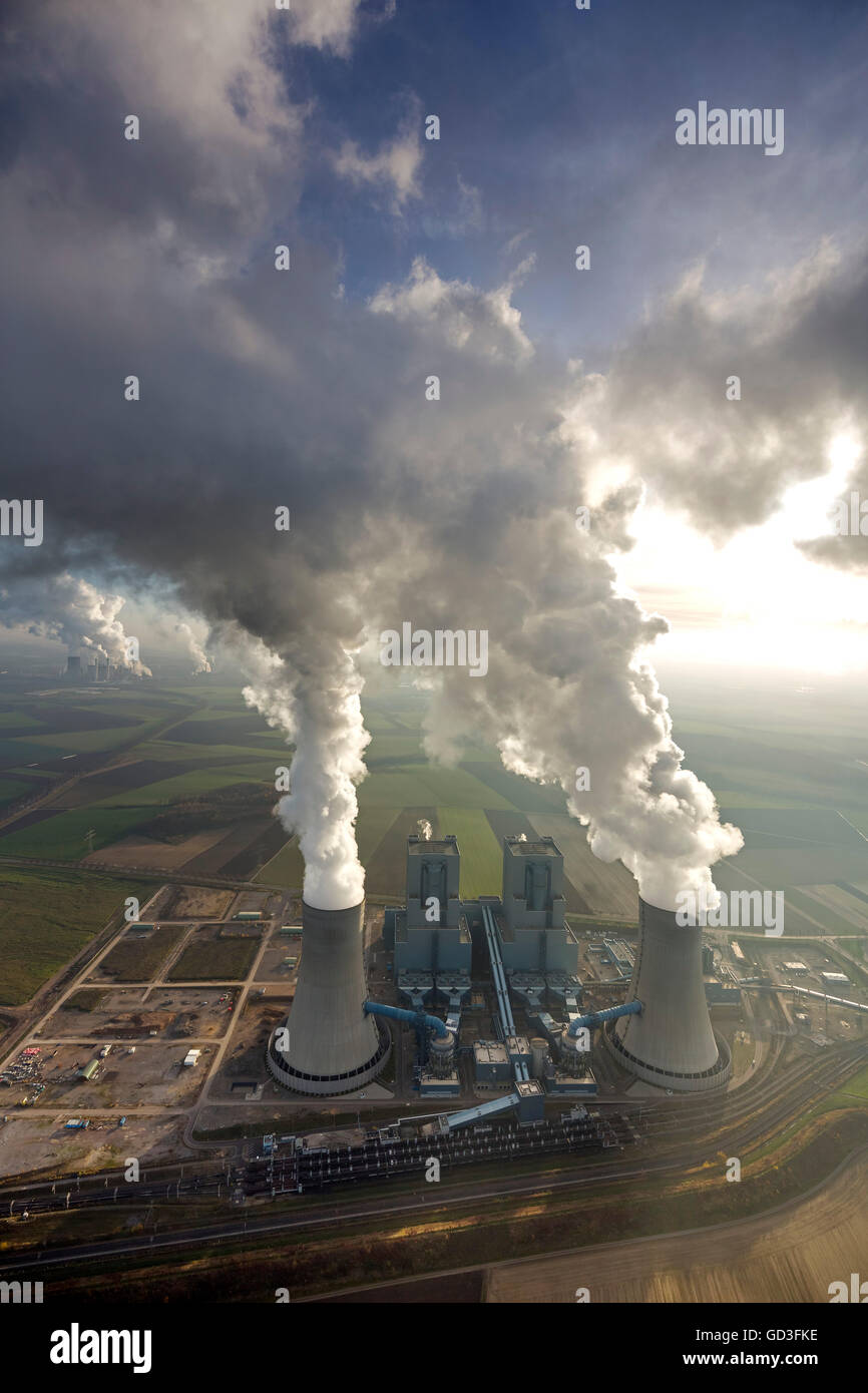 Aerial view, RWE lignite power plant Neurath, smoke, steam, power ...