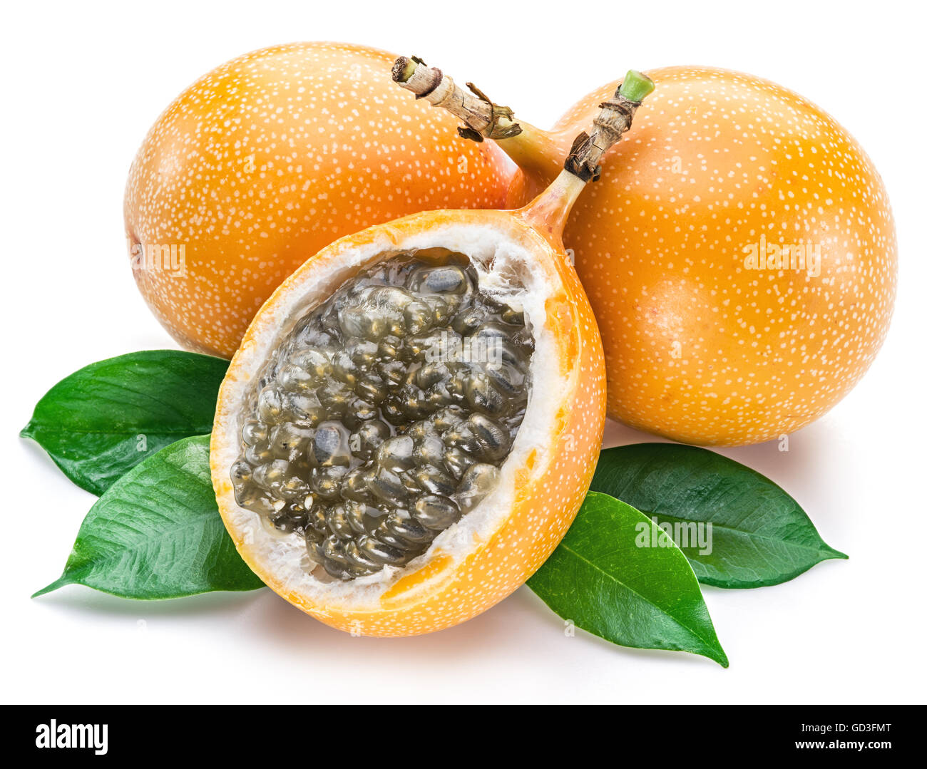 Granadilla fruits on the white background Stock Photo - Alamy