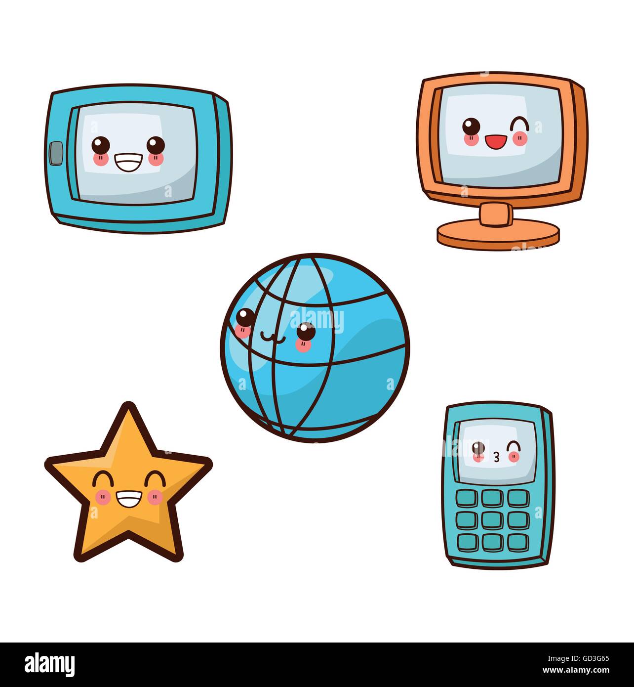 Kawaii cartoon icon set. Technology and Social media. Vector gra Stock ...