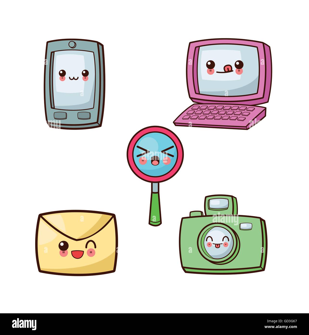 Kawaii cartoon icon set. Technology and Social media. Vector gra Stock ...