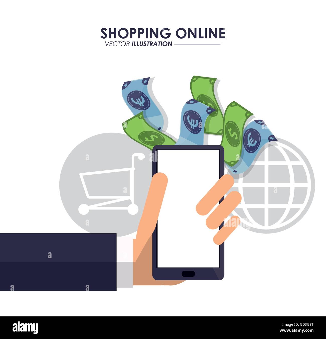 Smartphone, bills and shopping cart. Shopping online. Vector gra Stock ...