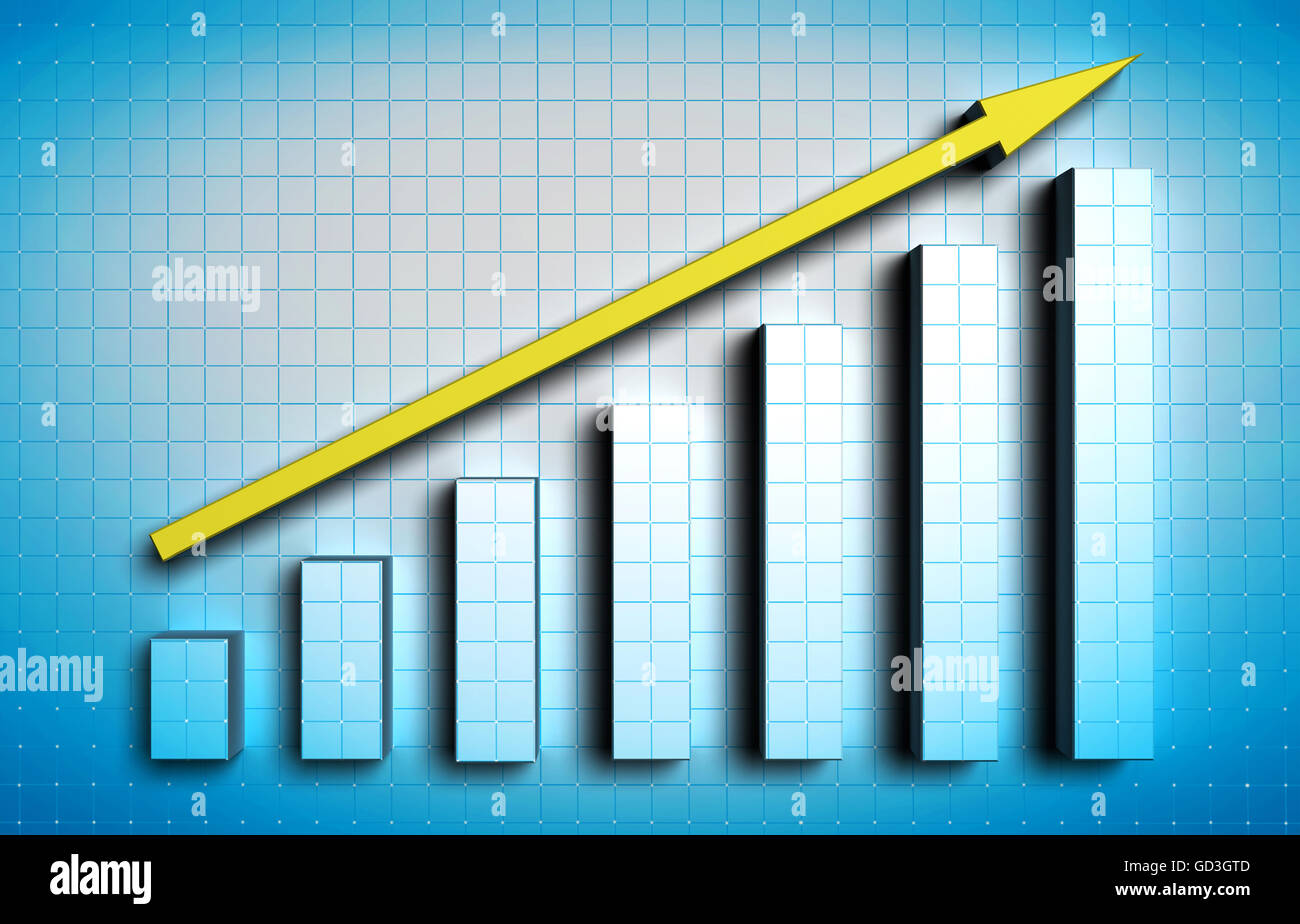 growing blue graph with yellow arrow on blue background Stock Photo - Alamy