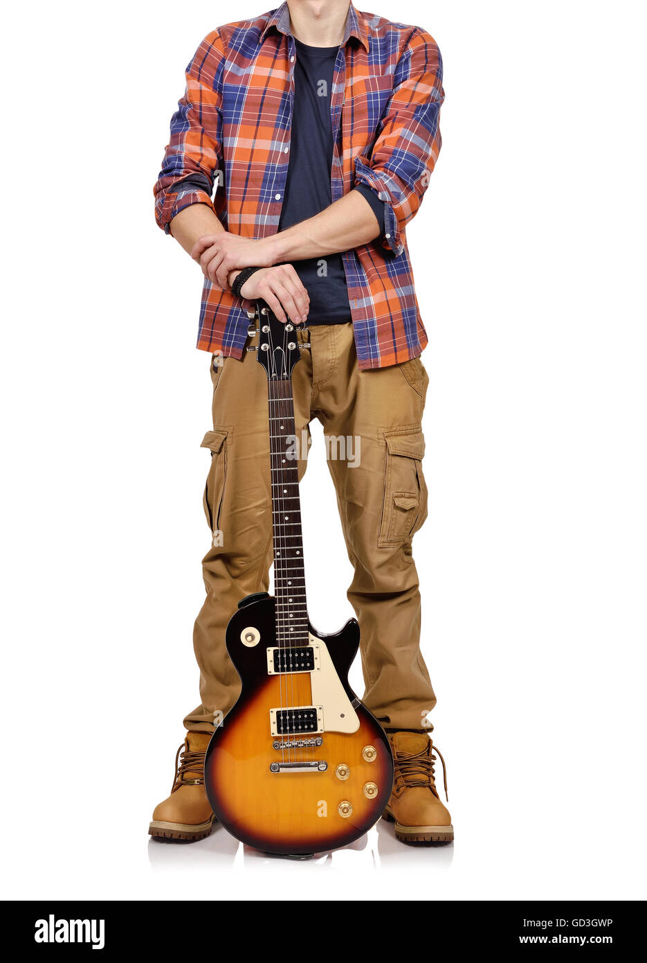 rocker musician with electrical guitar on white background Stock Photo ...