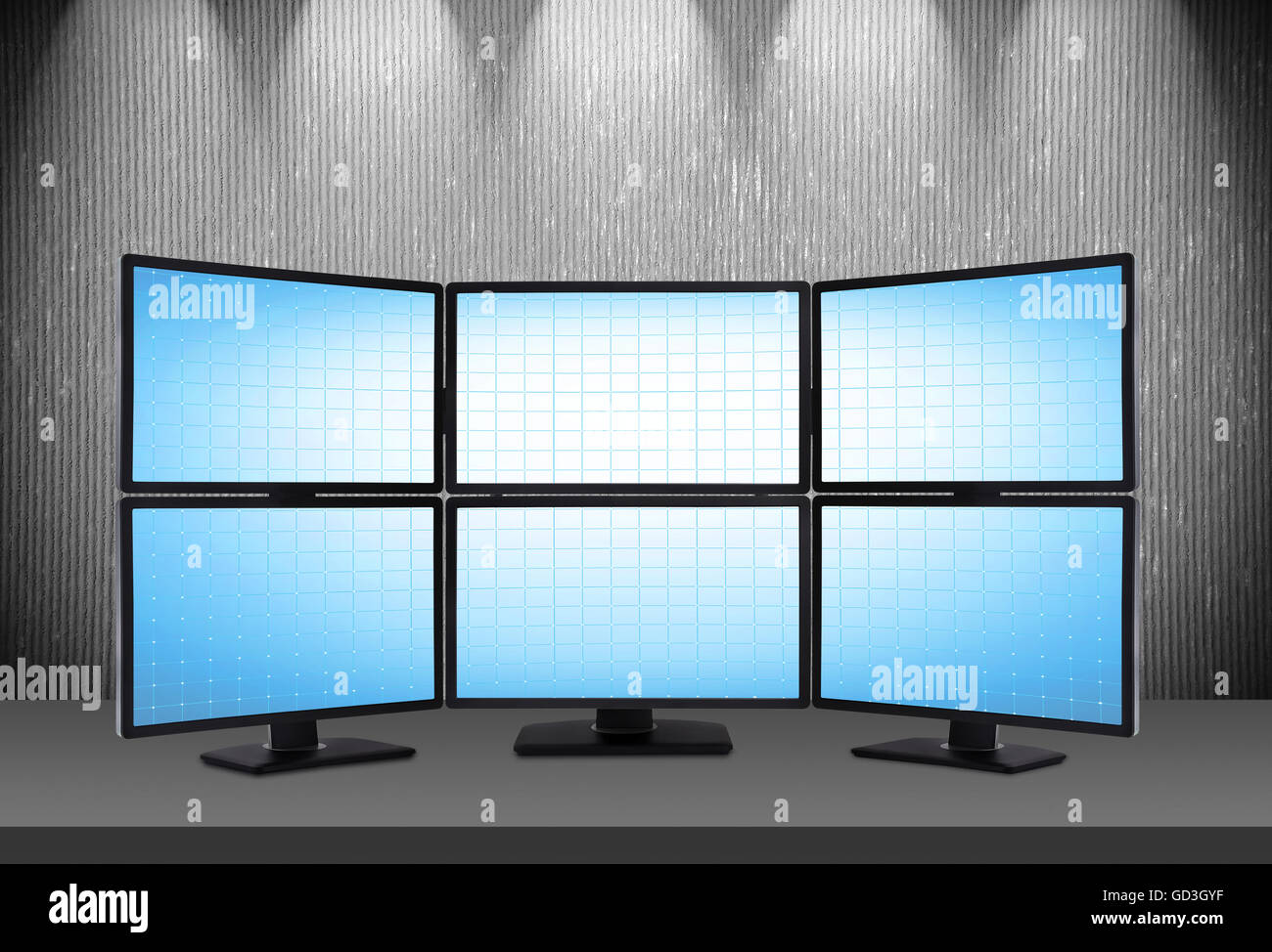 six blank blue screens on table in room Stock Photo - Alamy