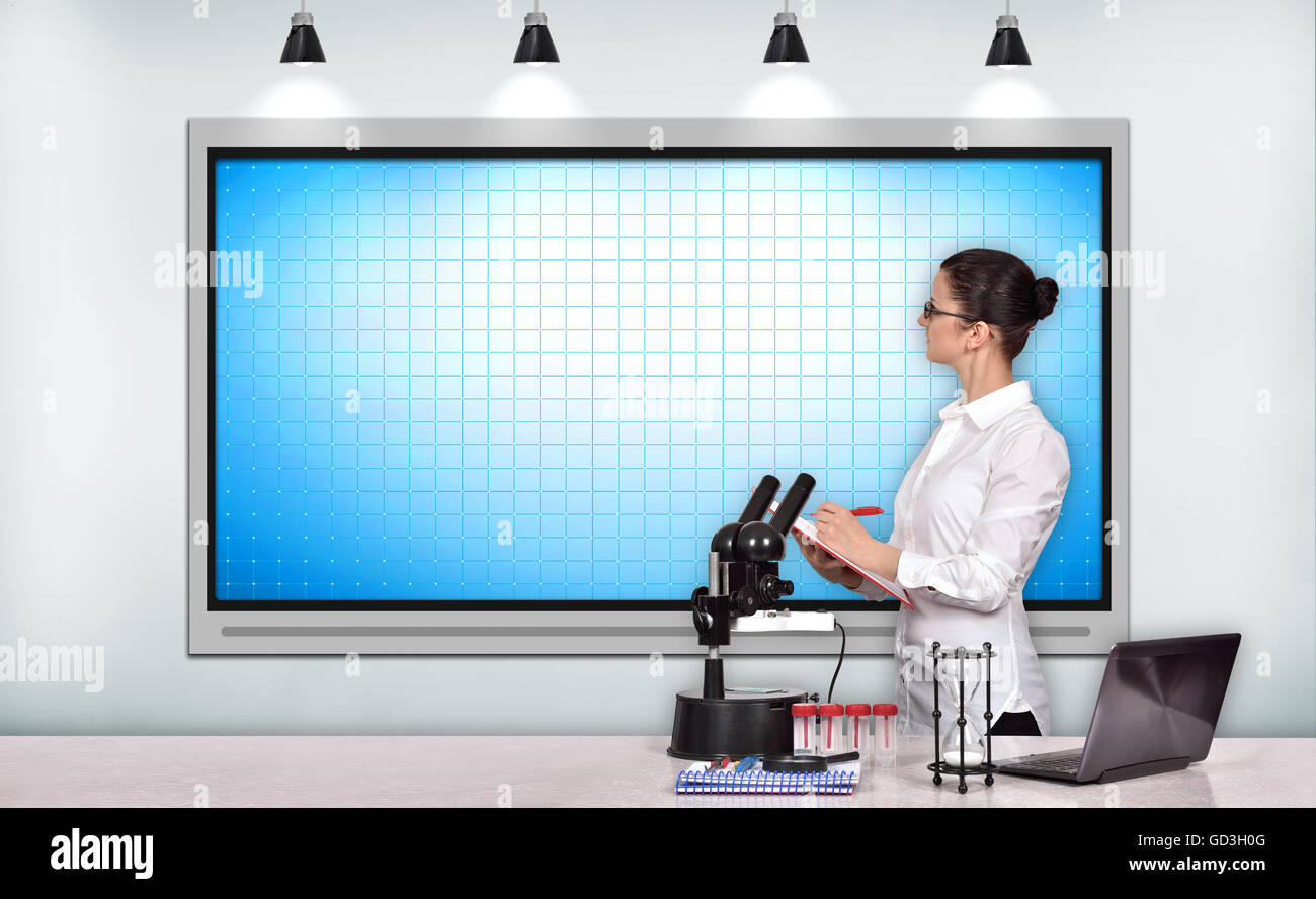 woman medical or scientific researcher in laboratory and looking on ...