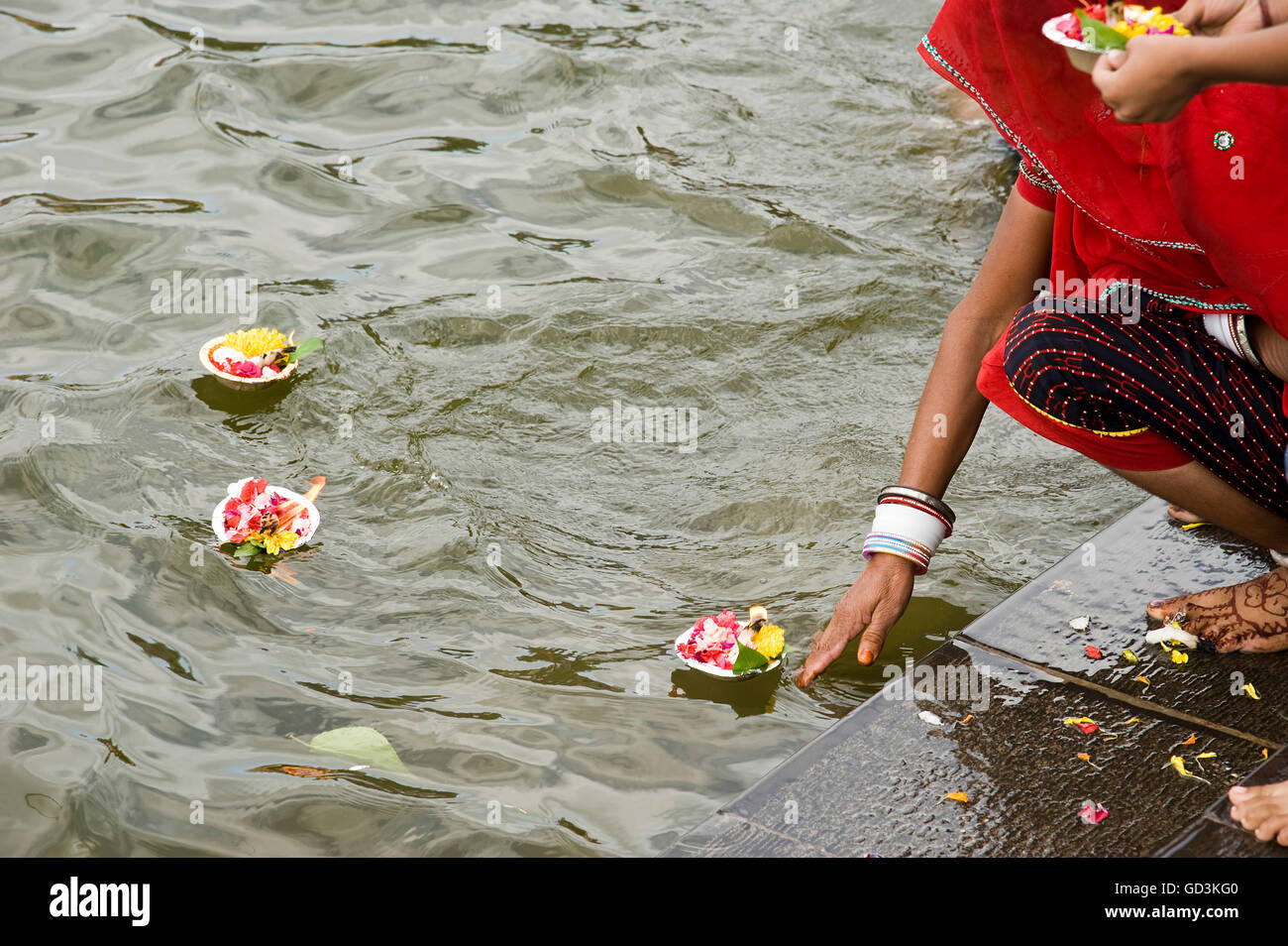 Floating oil lamp in river, Nasik kumbh mela, maharashtra, india, asia ...