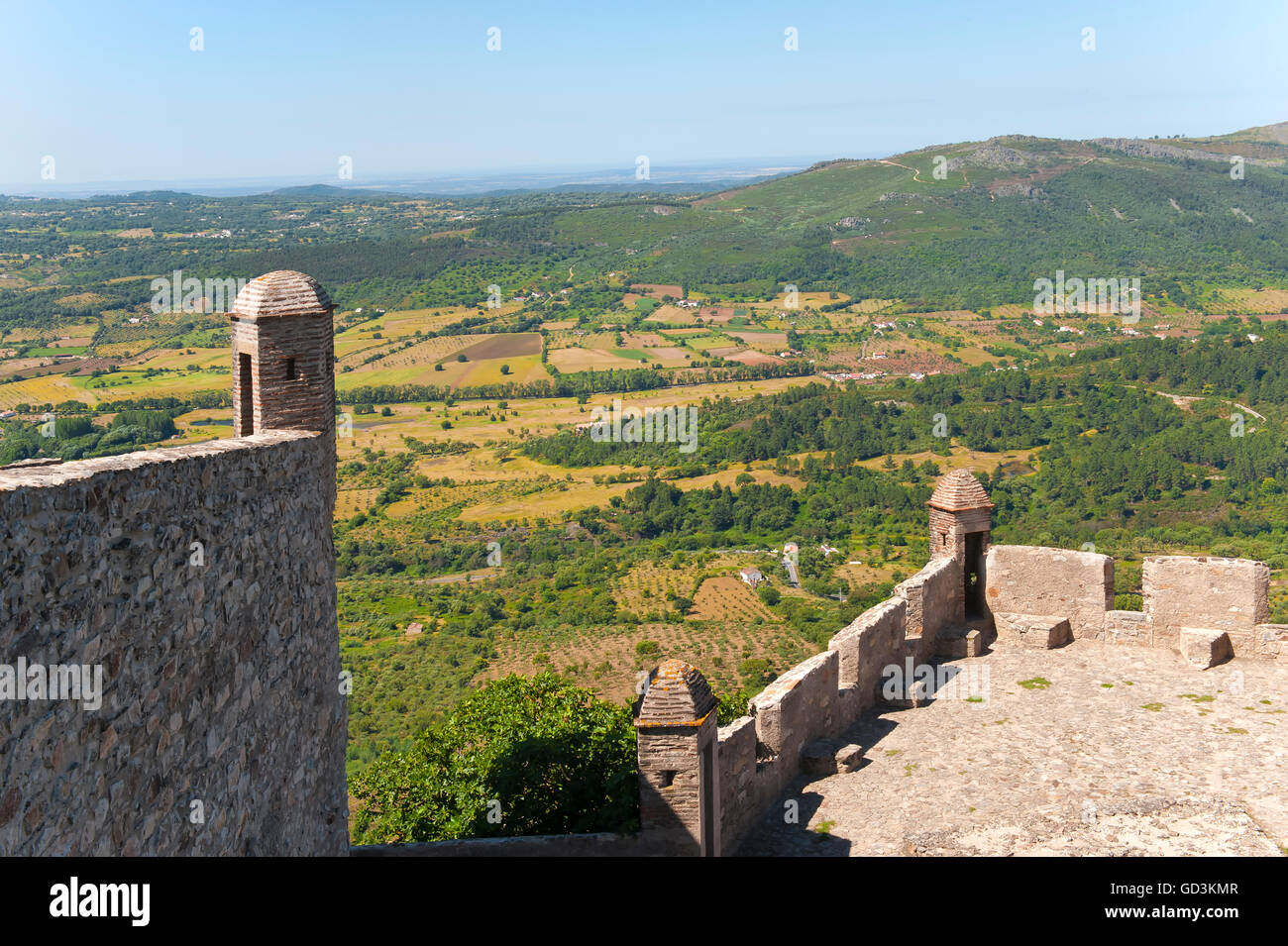 Marvao castle, watchtower and view from the ramparts over the Sierra ...