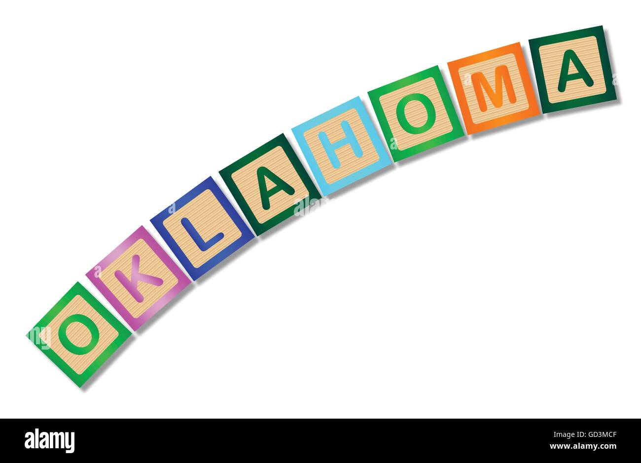 A collection of wooden block letters spelling Oklahoma over a white ...