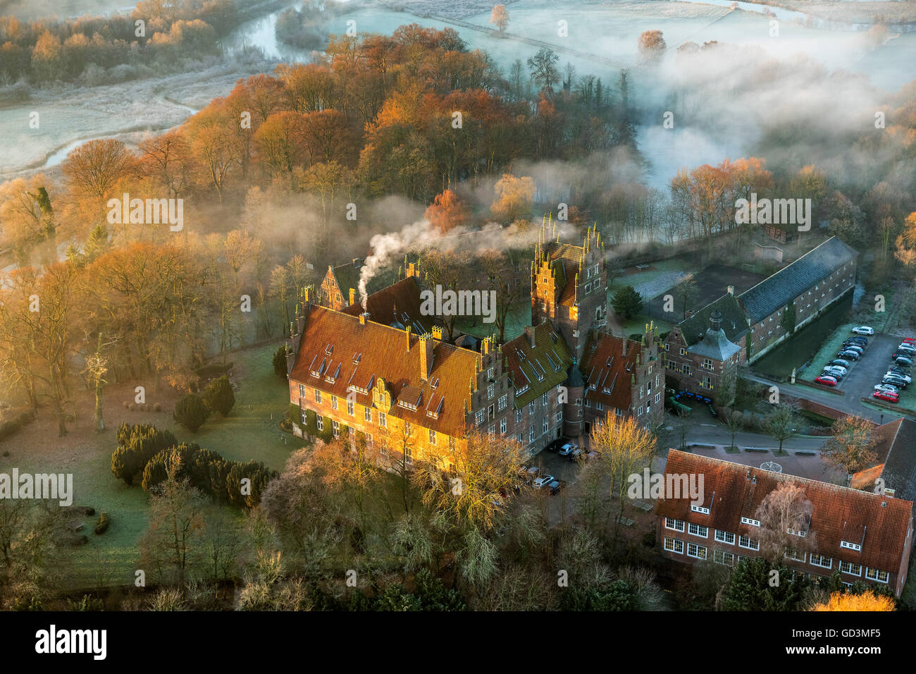 Aerial view, morning fog over der Lippe. Lippeauen, Castle Heessen ...