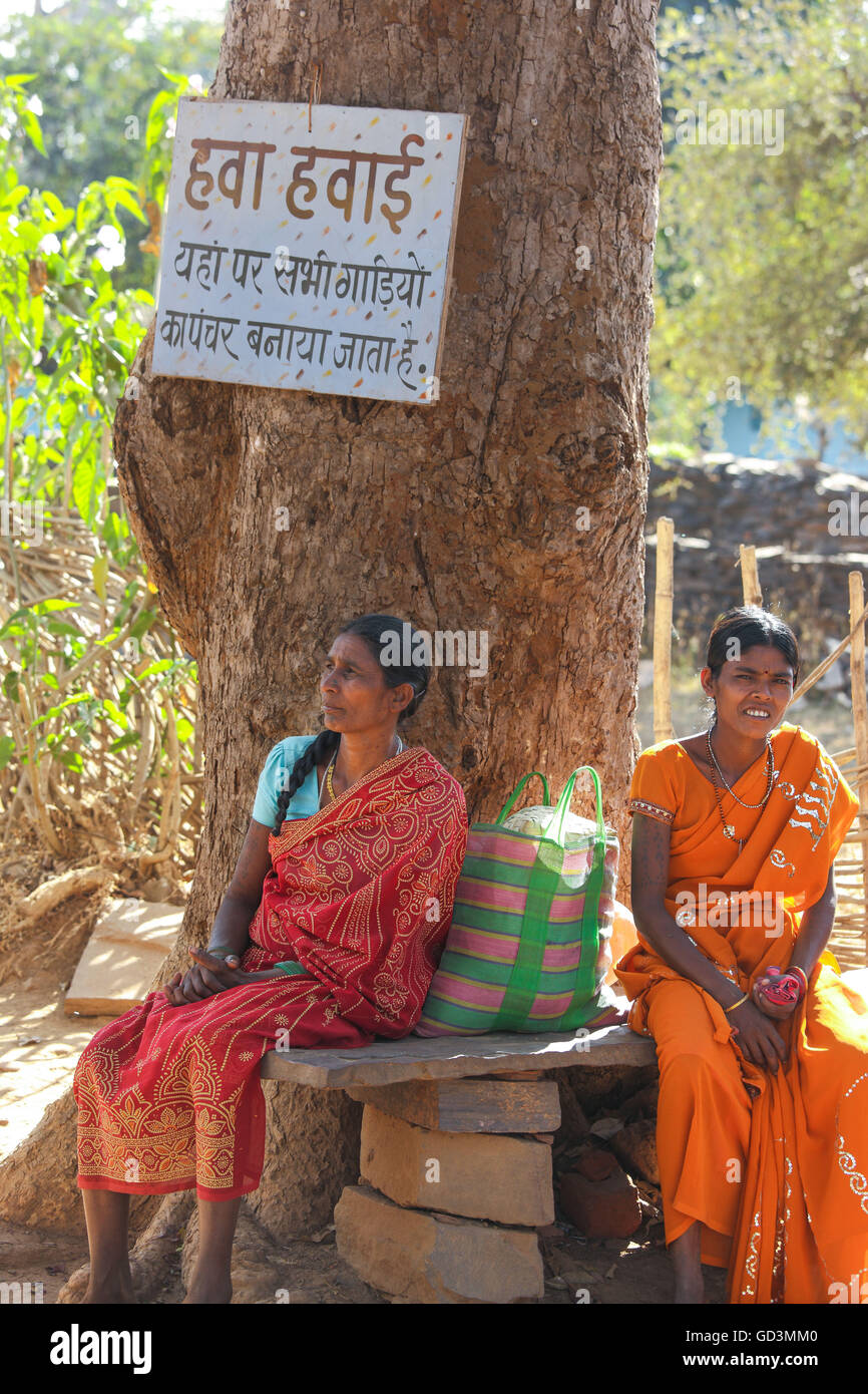 Tribal women sitting under tree, haat bazaar, chhattisgarh, india, asia ...