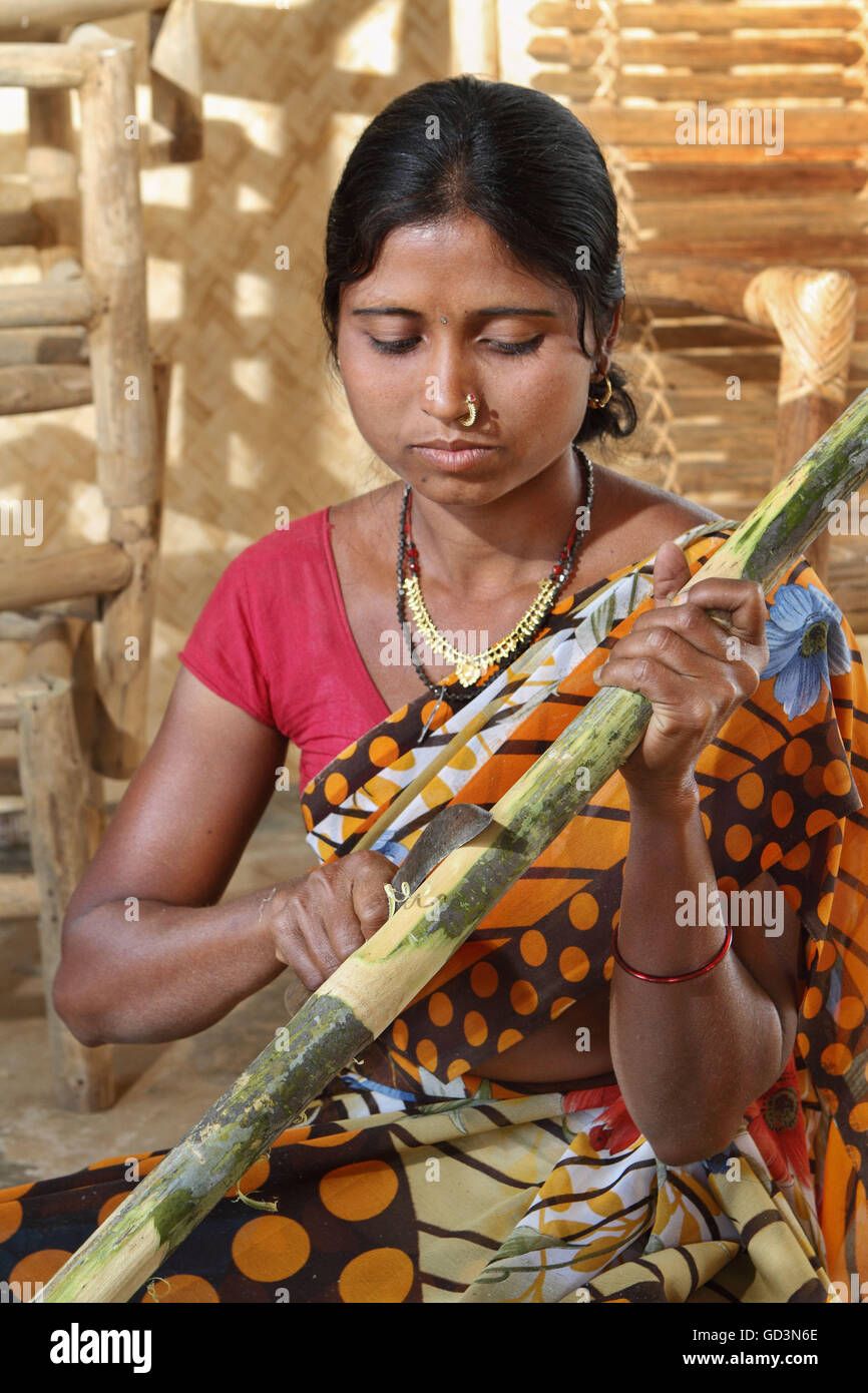 Tribal Woman Peeling Of Bamboo Sticks Bastar Chhattisgarh India