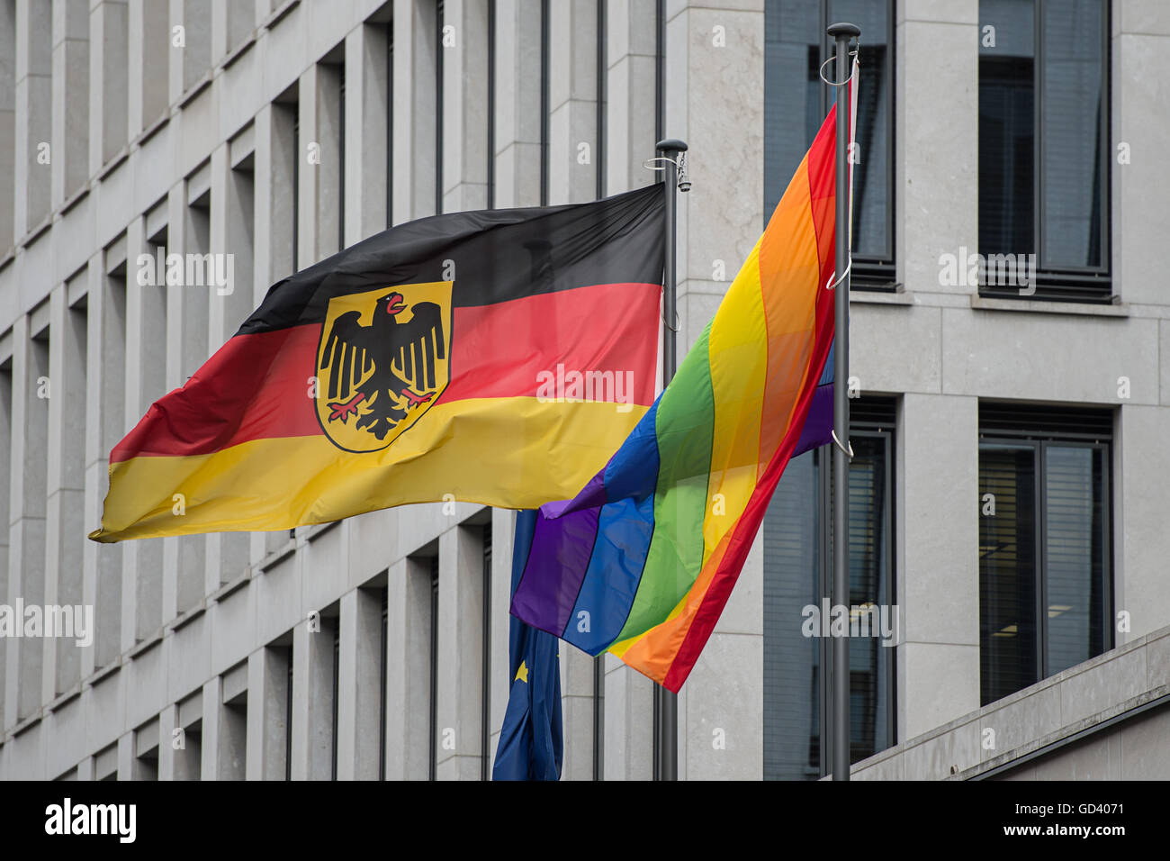 Berlin, Germany. 12th July, 2016. A rainbow flag hoisted in front of ...