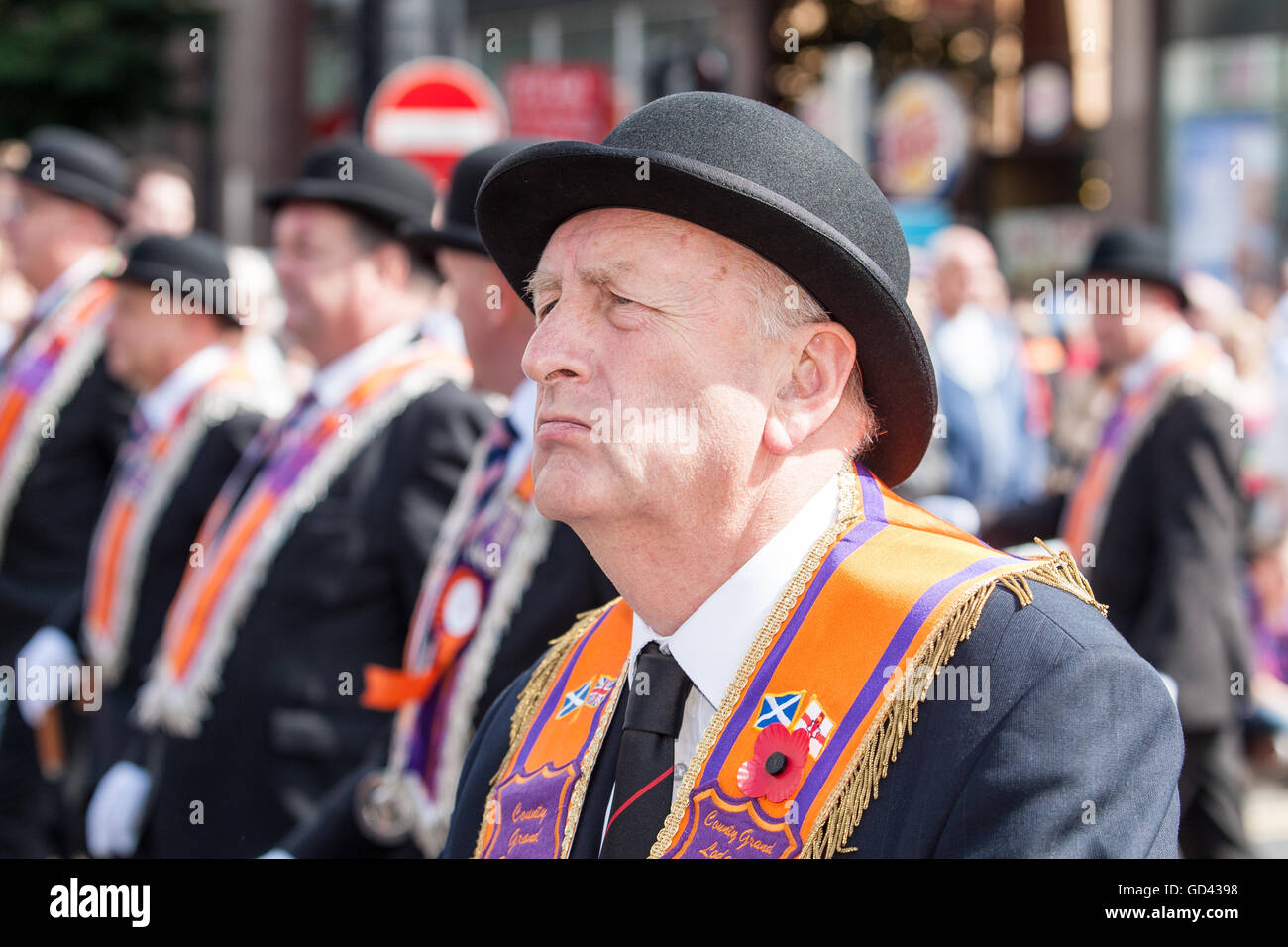 Belfast, UK. 12th July 2016. A member of the Orange Order Celebrating ...