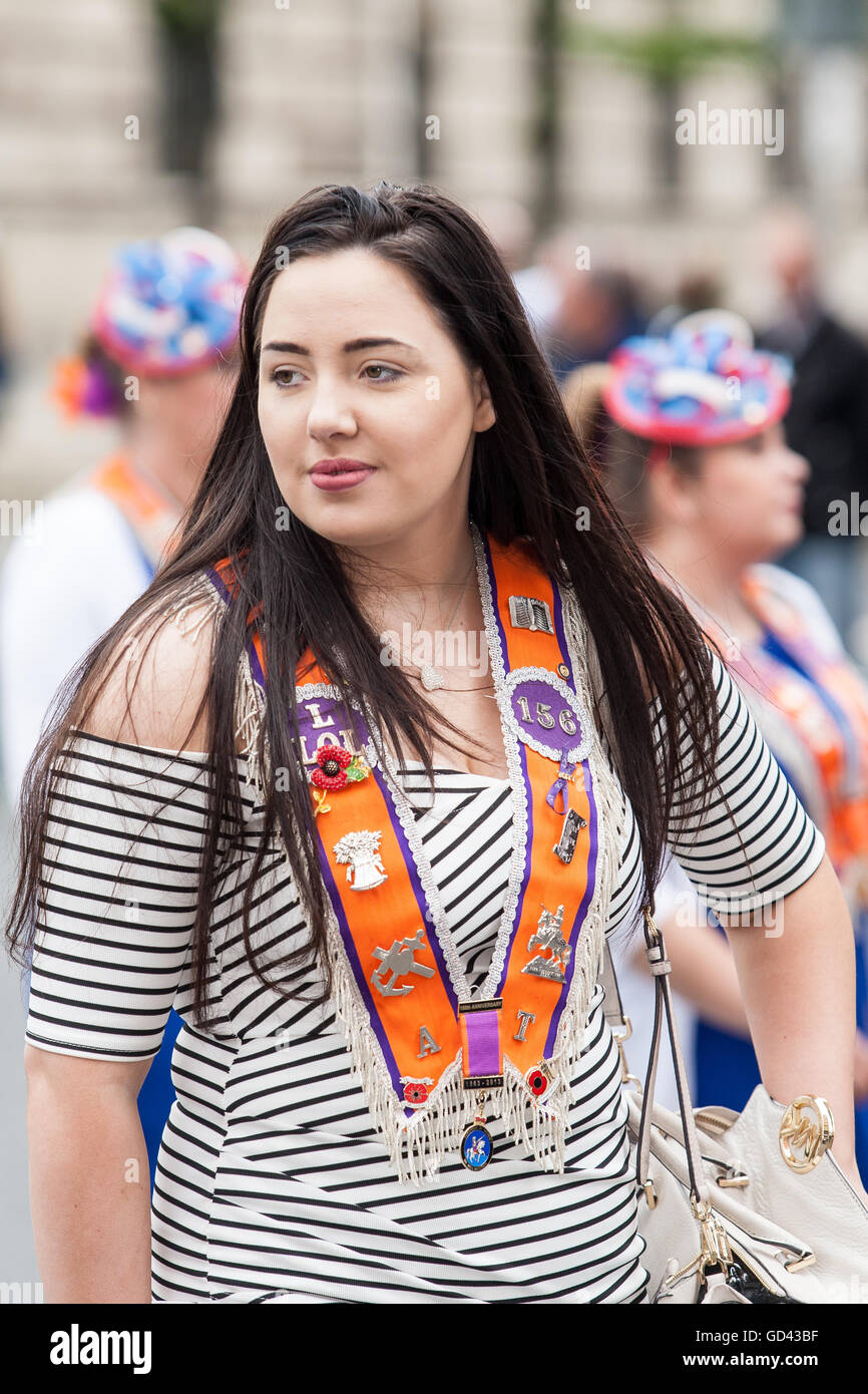 Belfast, UK. 12th July 2016. A Orangewoman wearing a Loyal Orange order ...
