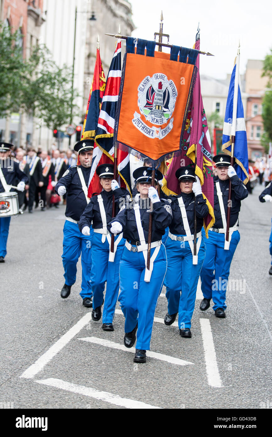 Belfast, UK. 12th July 2016. Members of Glasgow Orange Defenders ...