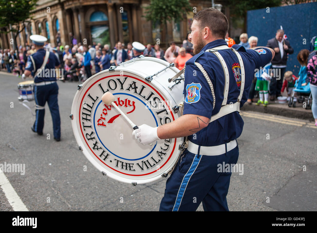 Belfast, UK. 12th July 2016. Lambeg drummer from Harthill Loyalists ...