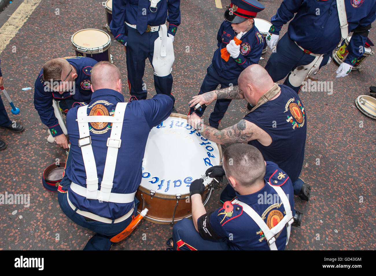 Belfast, UK. 12th July 2016. Members of the Pride of Ardoyne Flute band ...