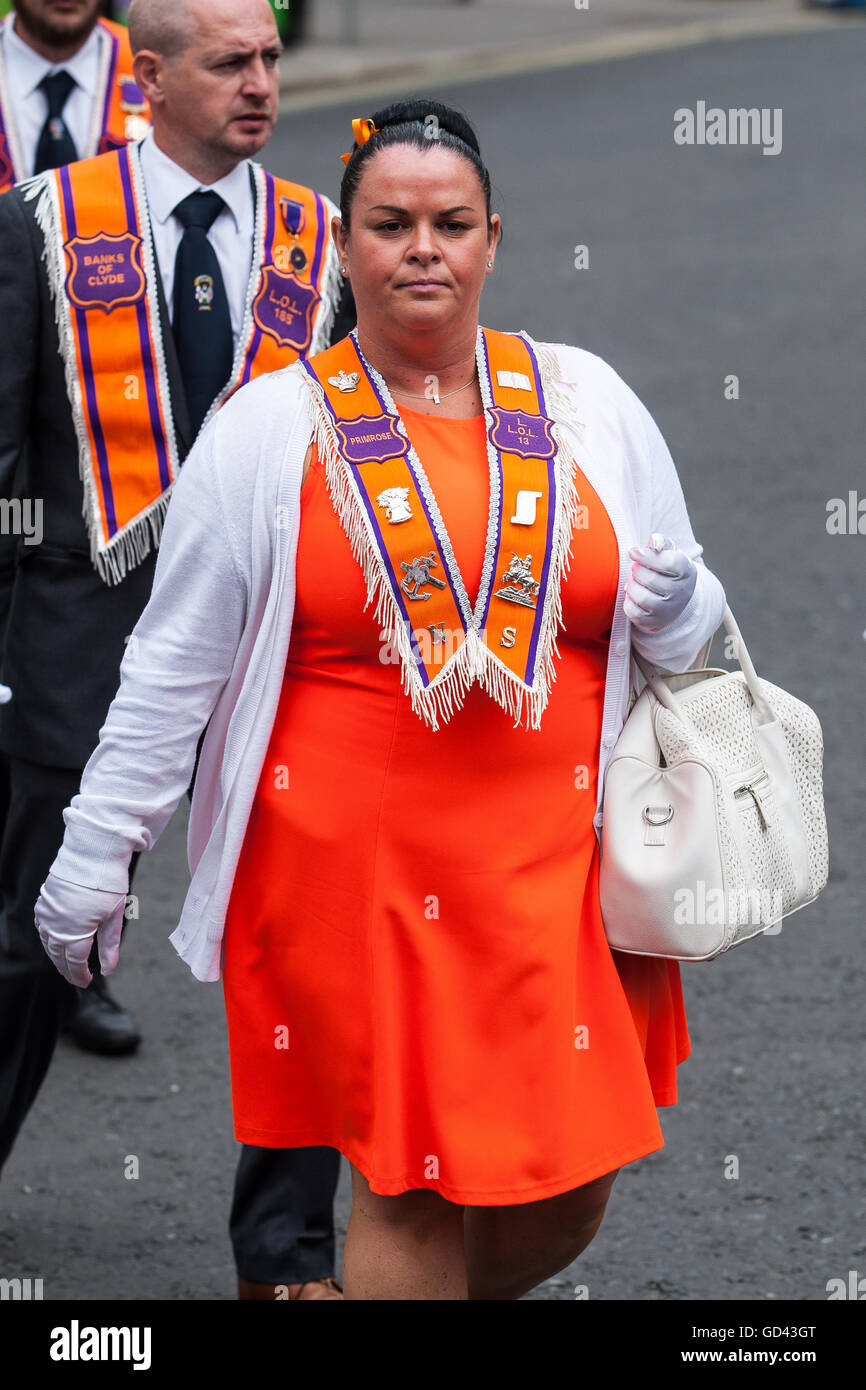 Belfast, UK. 12th July 2016. An Orangewoman wearing a Loyal Orange ...