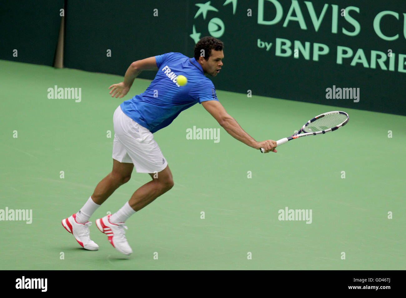 Trinec, Czech Republic. 13th July, 2016. French tennis player Jo-Wilfried Tsonga in action ...