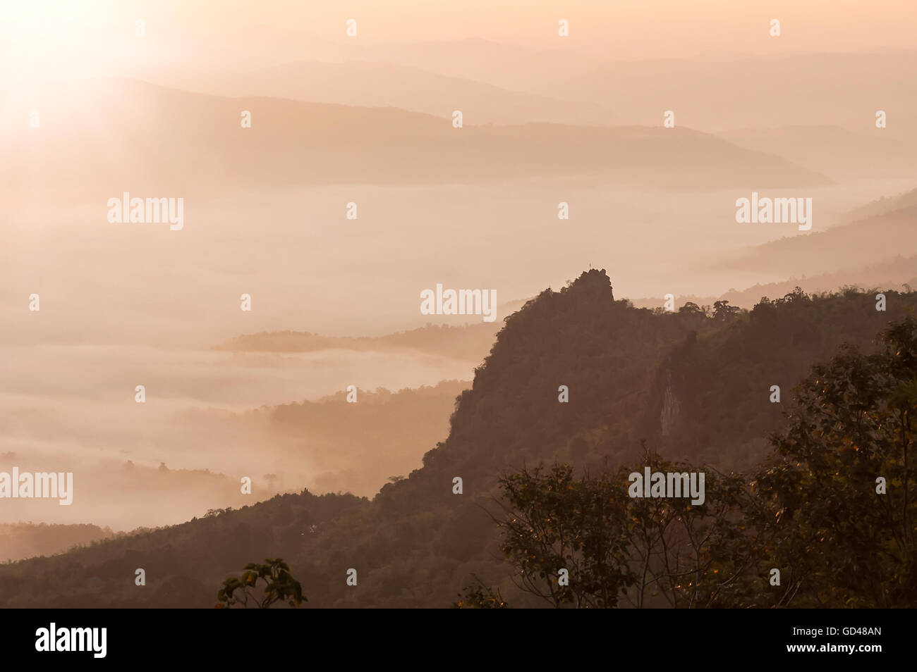 Beautiful morning with fog between hills at Doi Pha Chu in Si Nan ...