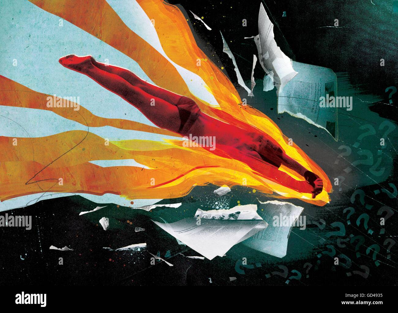 Man diving into water full of question marks Stock Photo - Alamy