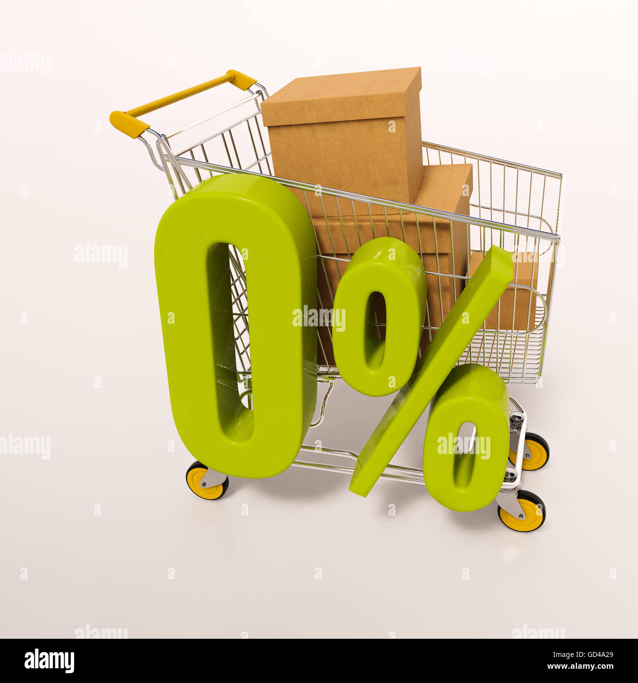 3d render: shopping cart and green 0 percentage sign on white Stock ...