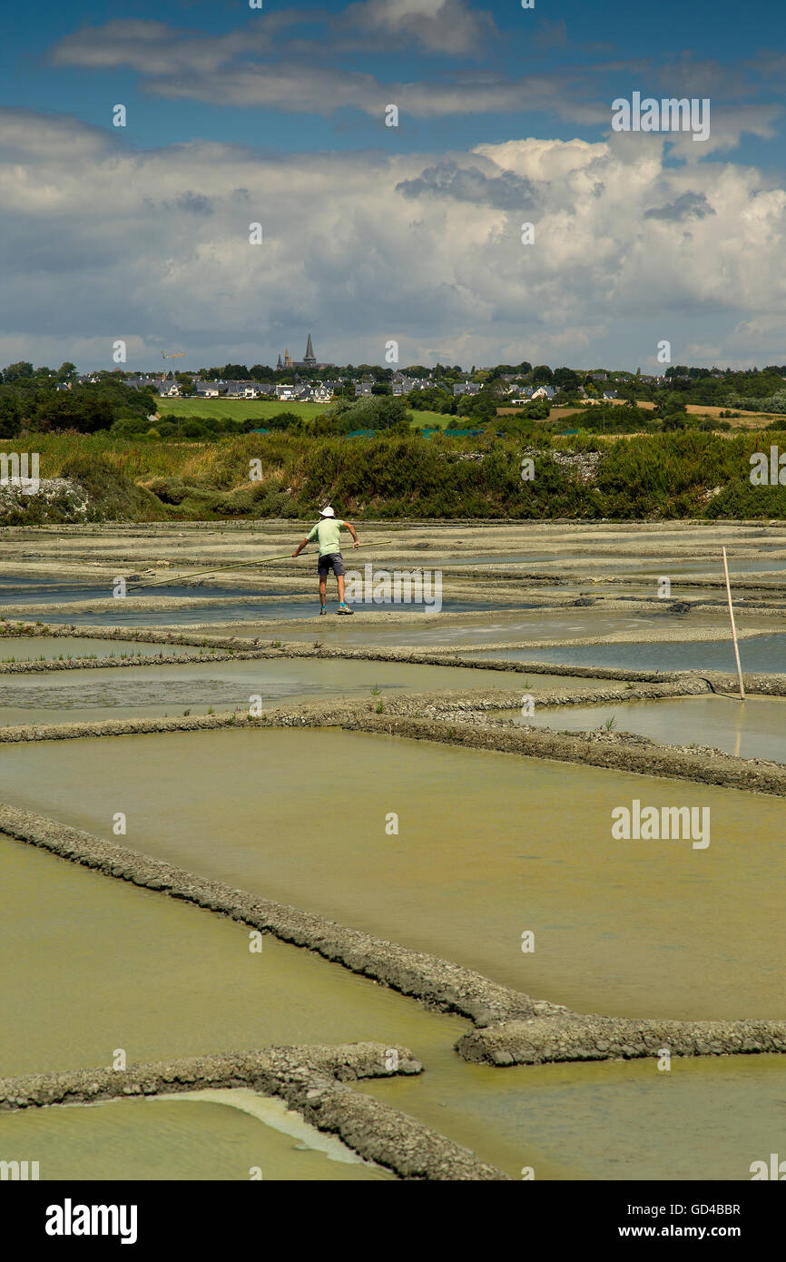 Breton salt marshes with Paludier scraping sea salt from the lagoons in ...