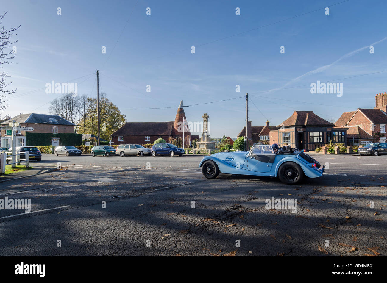 Blue Morgan car in the pretty village of Goudhurst, Kent, UK Stock ...