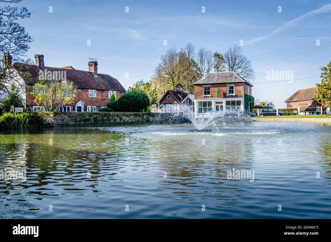 Pond and fountain in the pretty village of Goudhurst, Kent, UK Stock ...