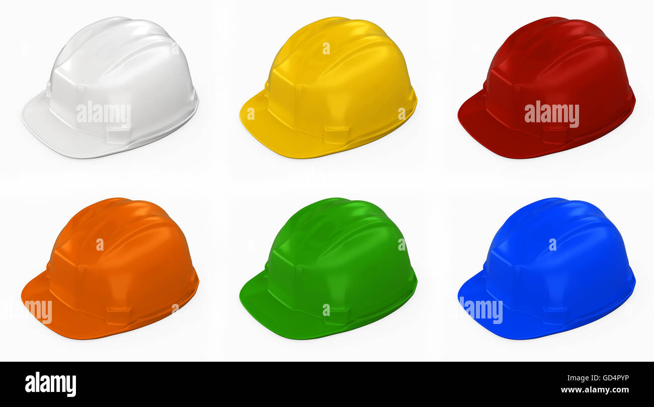 3D illustration multi-color of construction helmet, under construction ...