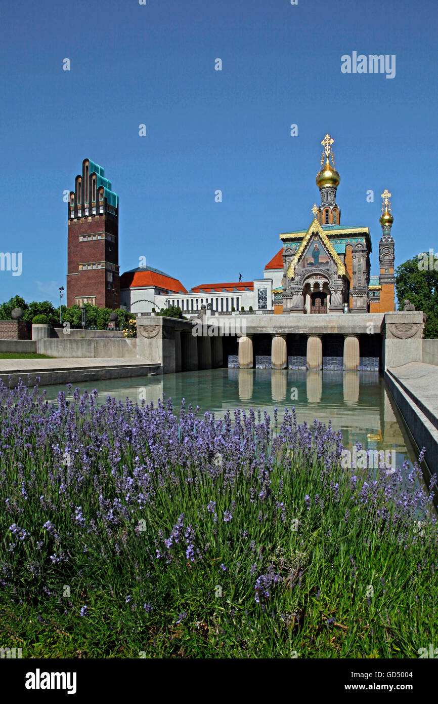 Mathildenhohe with Wedding tower, 1906, Russian Chapel, 1897, plane ...