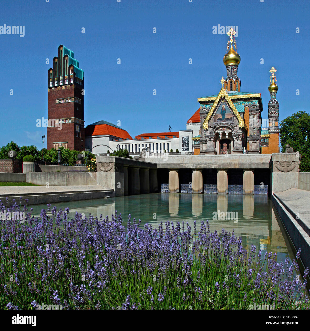 Mathildenhohe with Wedding tower, 1906, Russian Chapel, 1897, plane ...