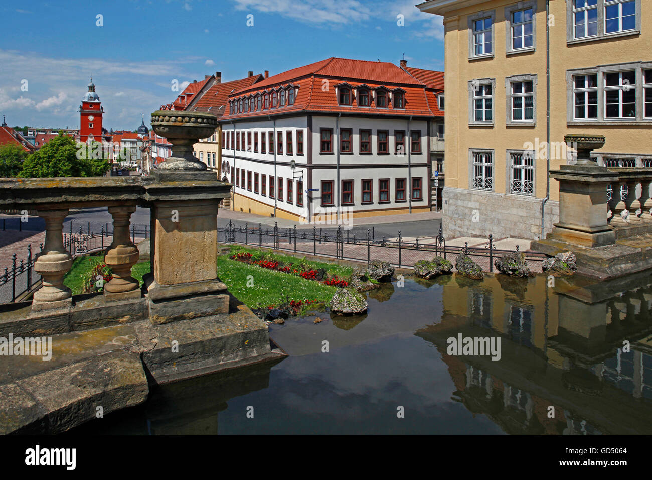 water feature, red tower of Old Town Hall, Gotha, Thuringia, Germany ...