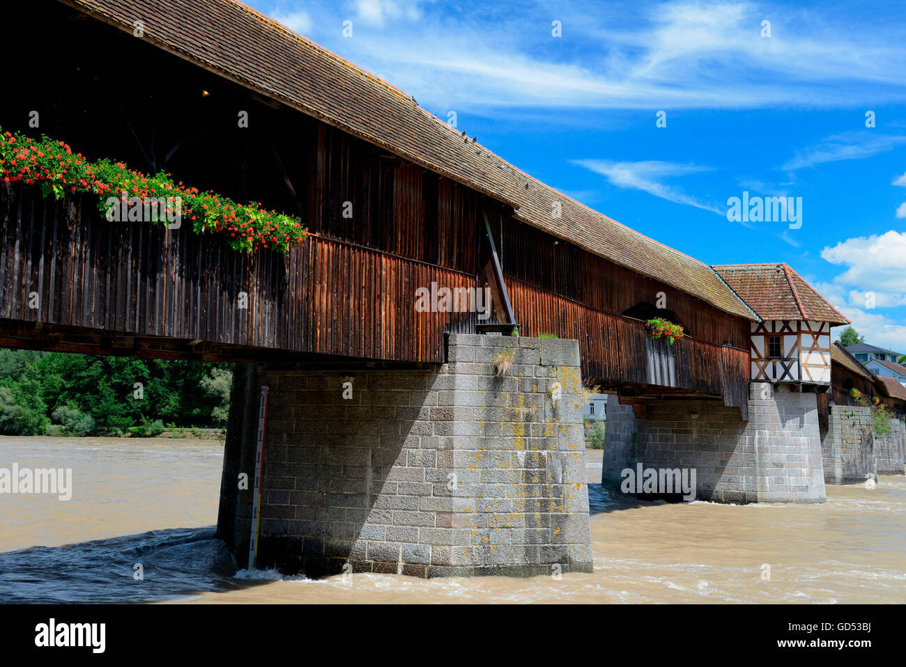 Covered wood bridge, Rhine bridge, Bad Sackingen, Baden-Wurttemberg ...