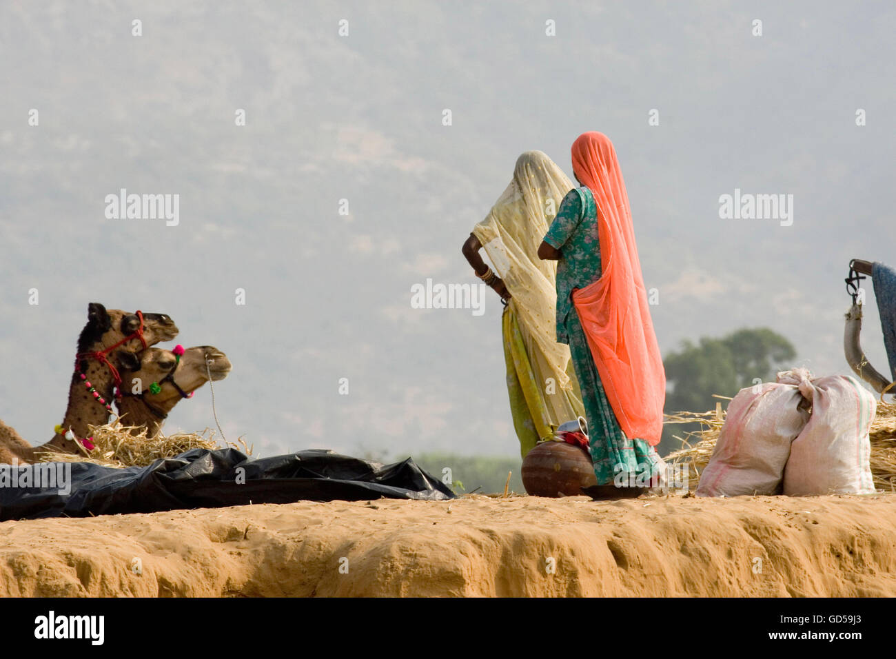 Women standing on hay stack Stock Photo - Alamy
