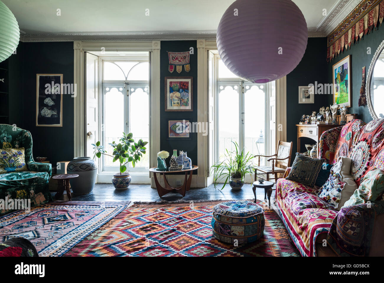 Large kilim in Regency drawing room painted in Sherwood Green by Farrow ...