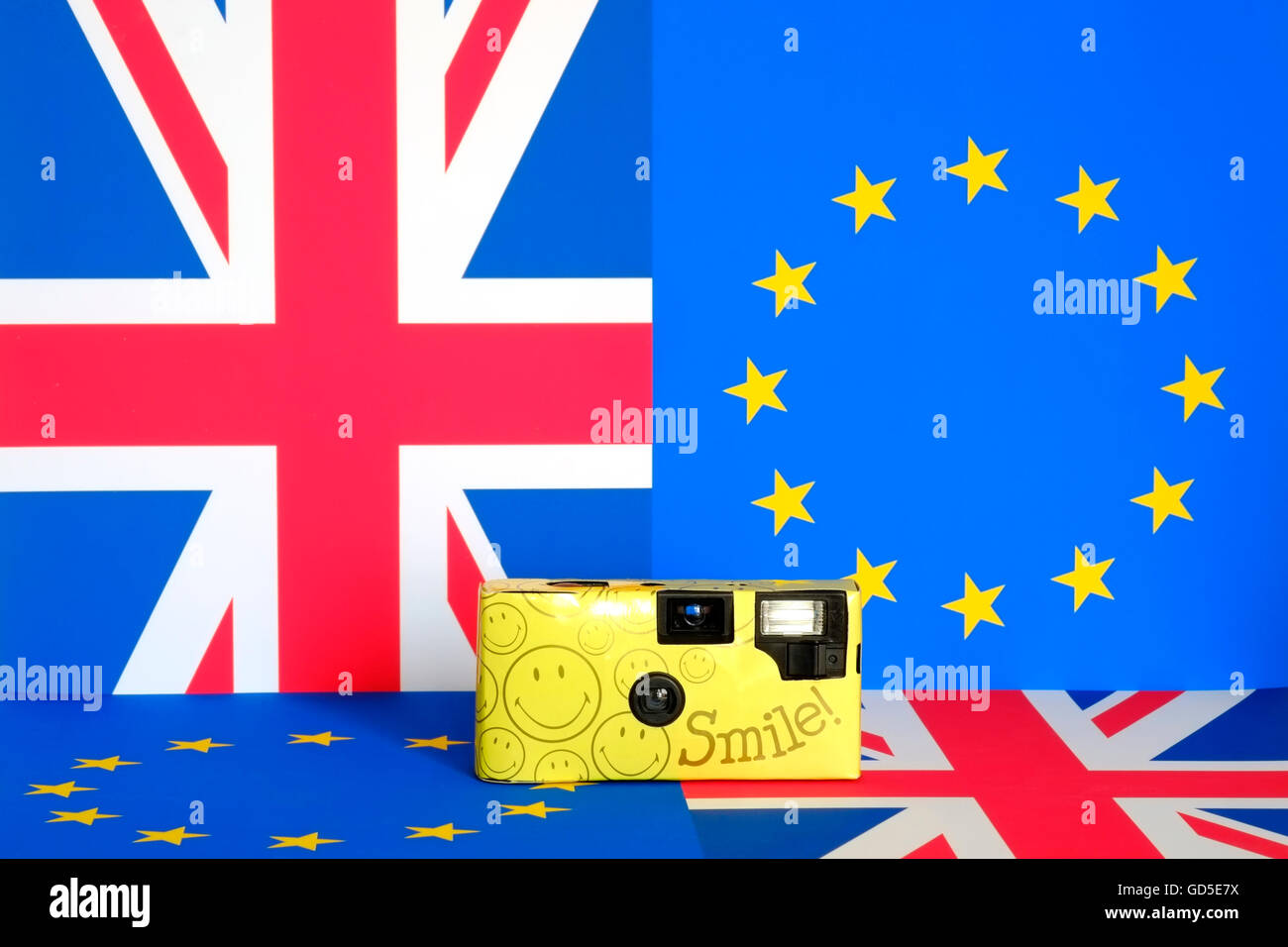 disposable film camera against eu and union flags Stock Photo - Alamy