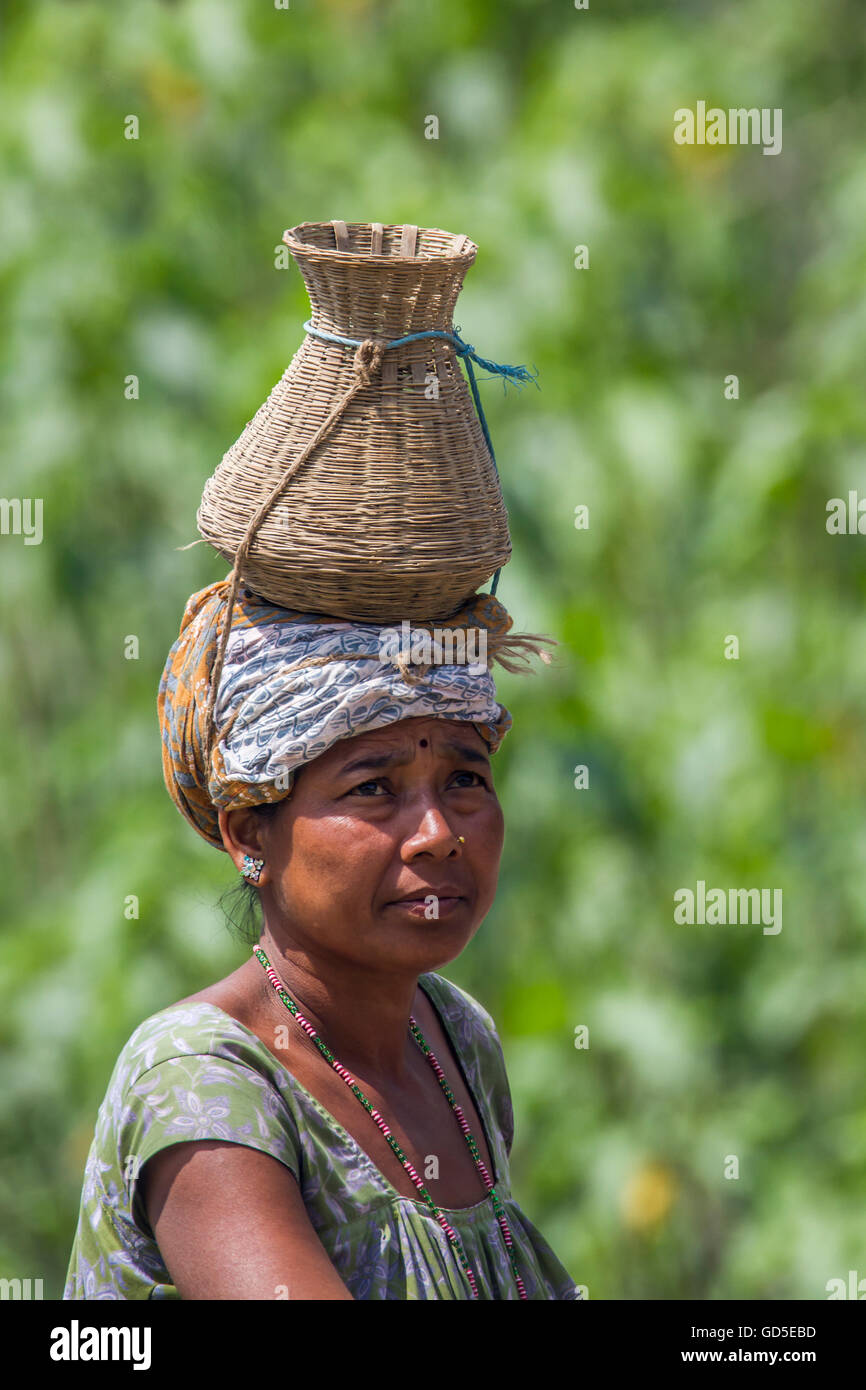 Tharu woman in nepali terai wearing traditional clothing to go fishing ...