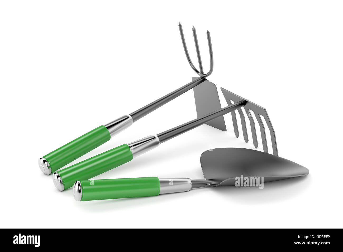 Small rake, garden trowel and hoe on white background Stock Photo - Alamy