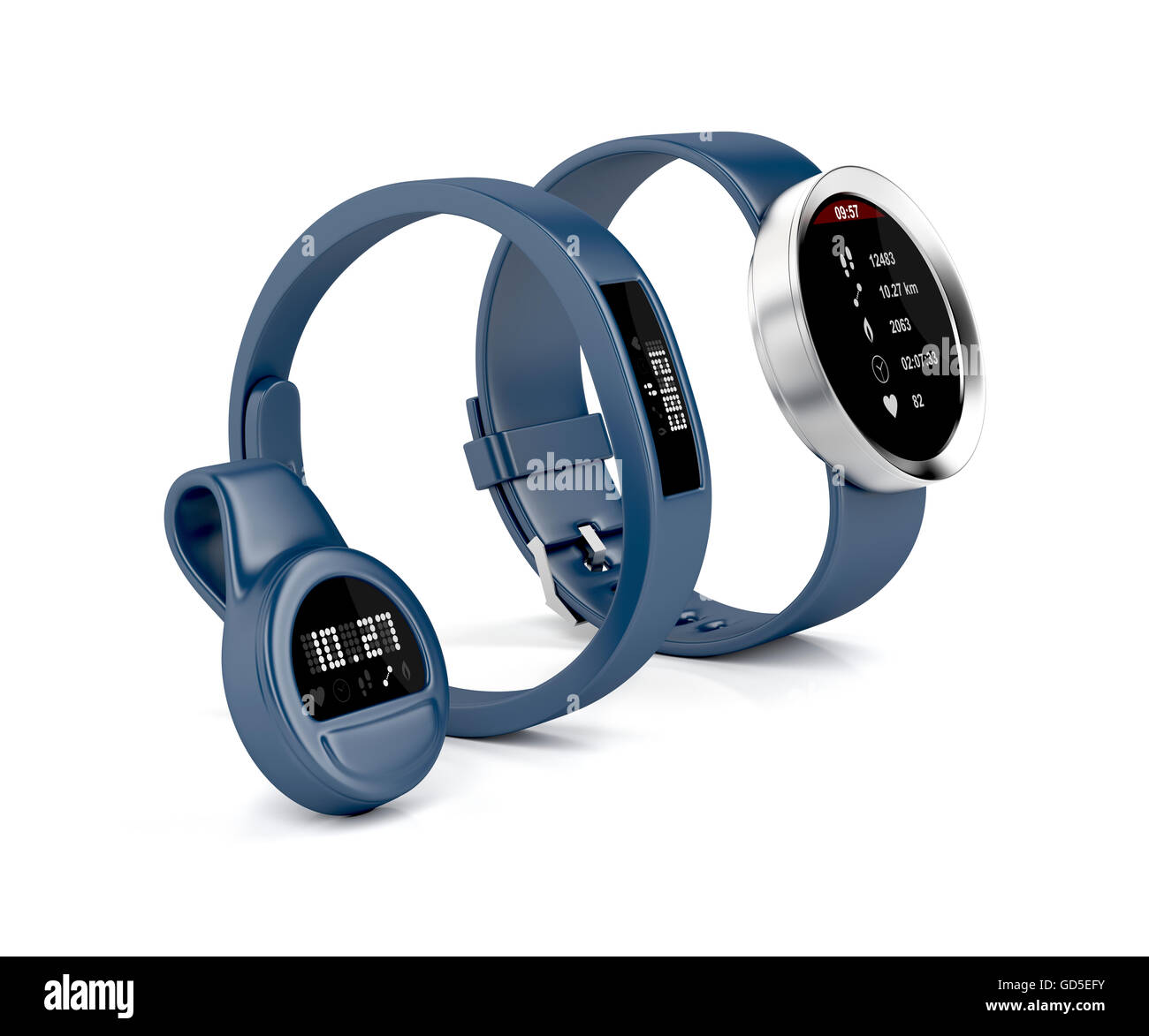 Smartwatch, wristband and clip-on activity trackers on white background ...