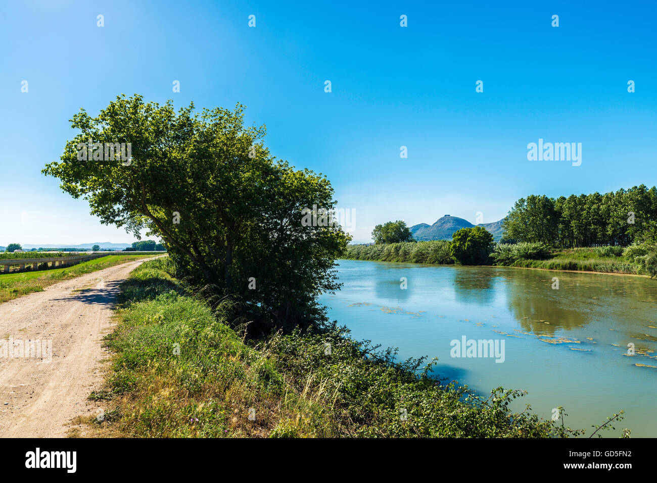 Calm waters of the river Ter surrounded by vegetation in Girona ...