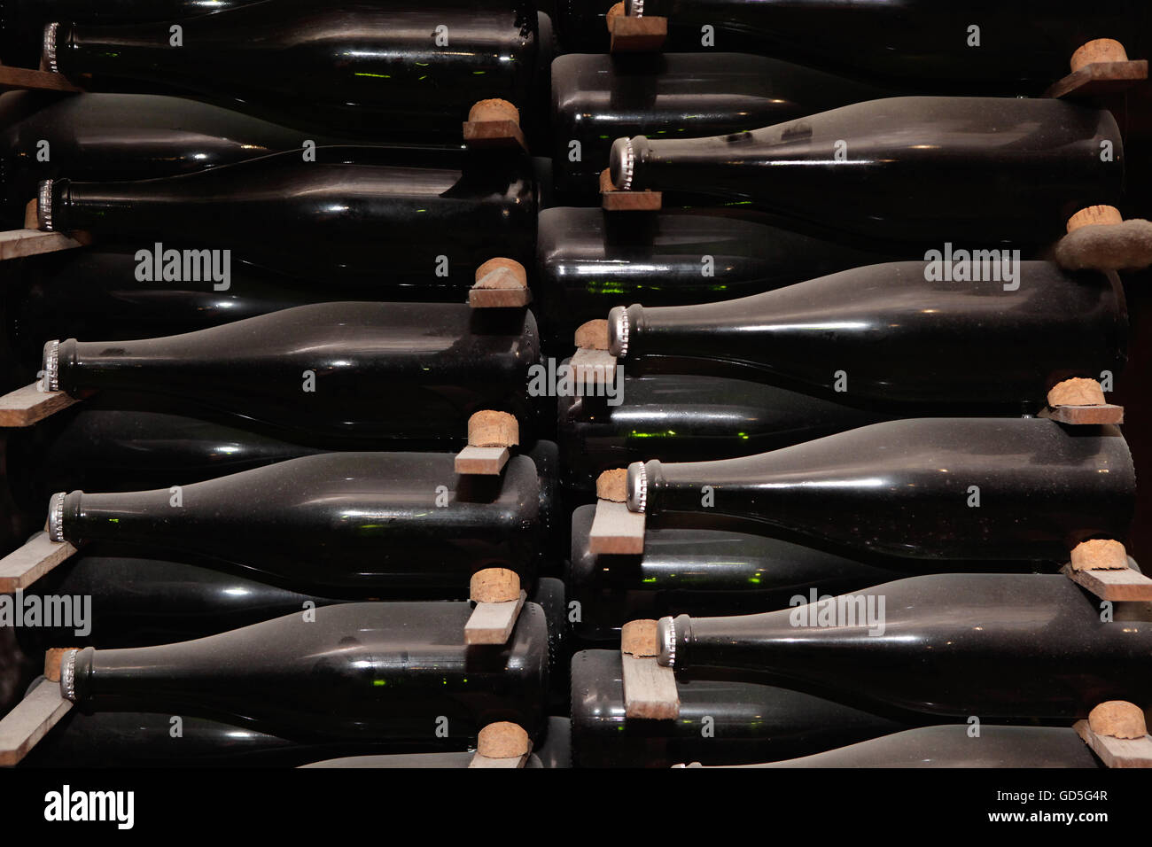 Cava bottles in a cellar of the Penedés wine region, Catalonia, Spain ...
